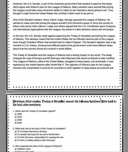 Treaty of Versailles Reading Passage Worksheet | Comprehension ...