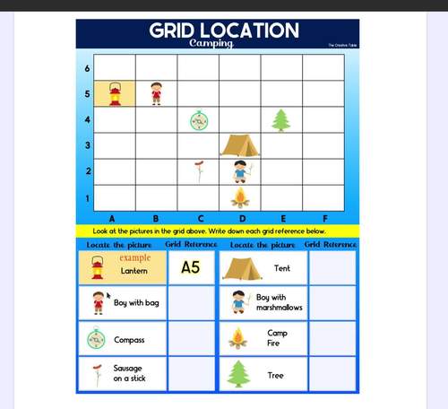Grid Location digital worksheet (Camping elements grid reference activity)