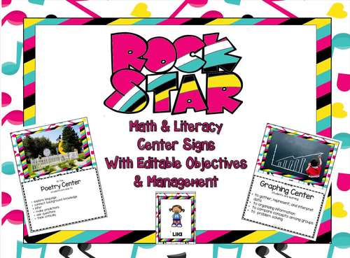 Math and Literacy Rock Star Themed Center Signs | Editable Objectives