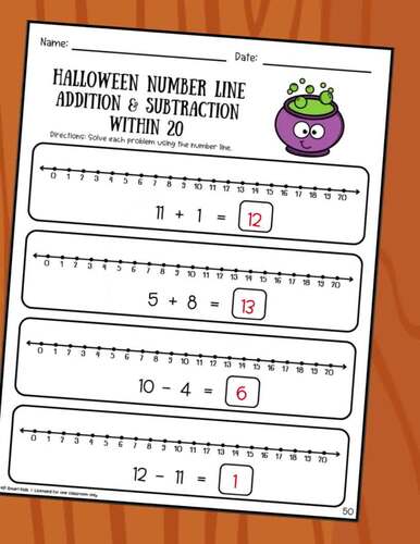 Halloween Number Line Addition and Subtraction Within 20 Color Set ...