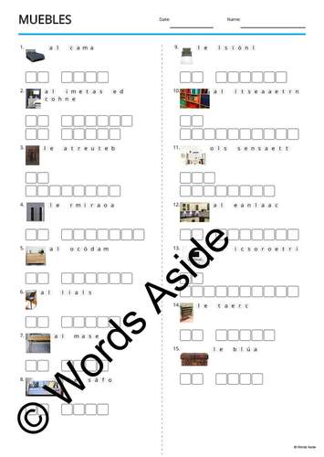 Spanish Vocabulary Worksheets Cards Crossword Word Search Anagram FURNITURE
