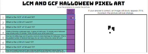 LCM and GCF Halloween Pixel Art with Word Problems- Digital Self-Checking
