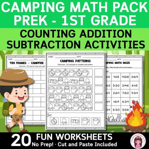 Camping Math Counting Addition Worksheets PreK to 1st Grade Cut Paste