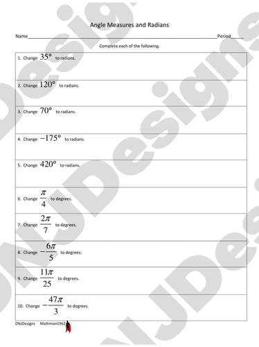 Angle Measures And Radians Handout Printable Worksheet Tpt