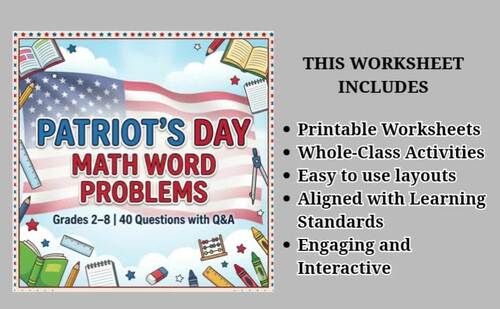 Patriots Day Math Packet | 40 Word Problems with Answer Key | Grades 2–8