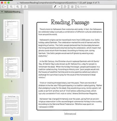 Halloween Reading Comprehension Passages and Questions (Upper Elementary)