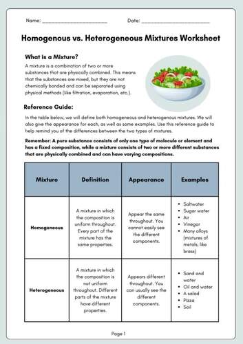 Homogeneous and Heterogeneous Mixtures Science Worksheet Packets for ...