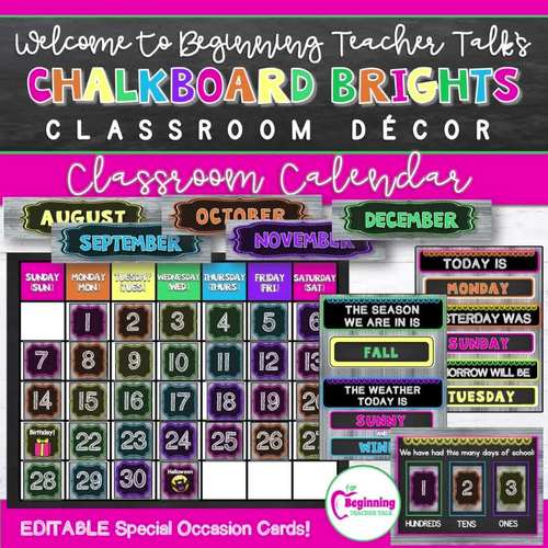 Chalkboard Brights Classroom Decor: Calendar | Editable Special ...