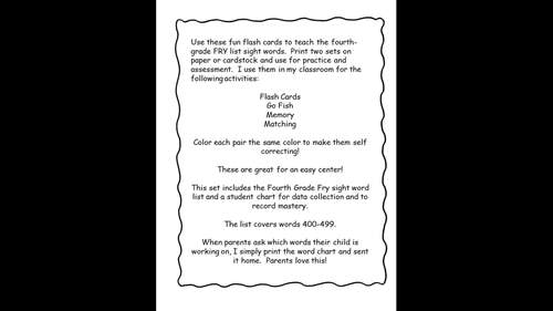 Fourth Grade FRY Word List Flashcards 400-499 by Special Education Depot