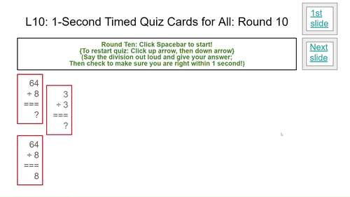 Division Flashcards, Level 10, Math Practice, Math Facts, Flash Cards