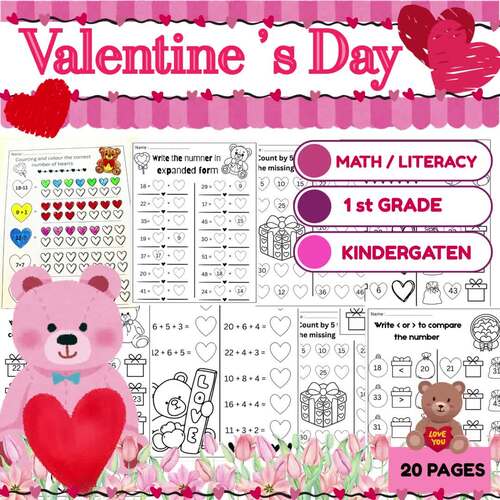Valentine's Day Math & Literacy ELA Activities Worksheets Kindergarten ...