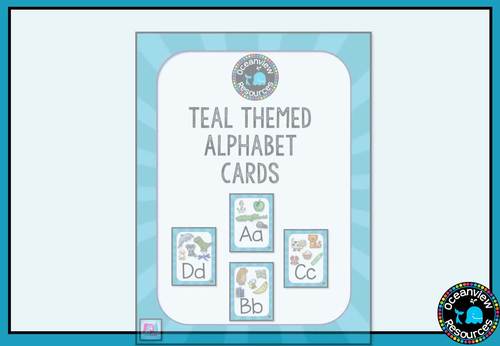 Teal themed Alphabet Posters with Pictures, Ideal for Bulletin Boards