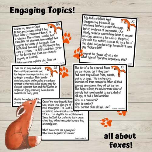 Foxes Reading Comprehension Nonfiction Passages & ELA Task Cards