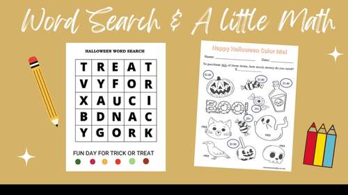 Halloween Word Search, Memory Match Cards, Coloring & Money Math Activities