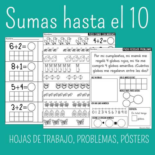 Sumas al 10 Addition to 10 in Spanish Printables and Digital by Monster ...
