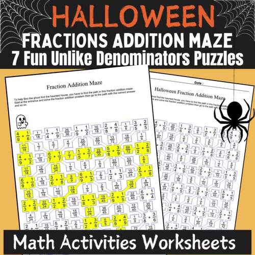 Halloween Math Fraction Addition 7 Mazes Unlike Denominators Early ...
