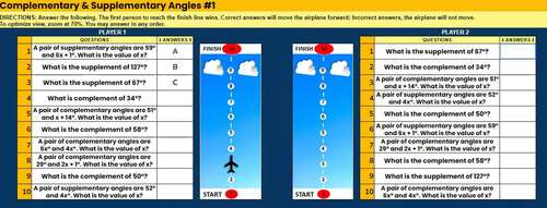 Complementary and Supplementary Angles Airplane Race Game | TPT