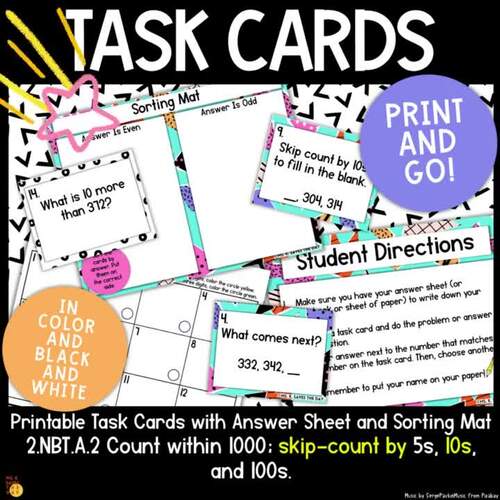 2.NBT.A.2 Low Prep Task Cards and Sorting (Skip Counting by 10s)