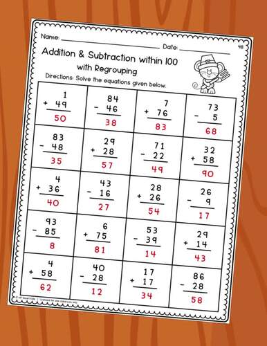 Thanksgiving Addition & Subtraction Within 100 | With Regrouping Math ...