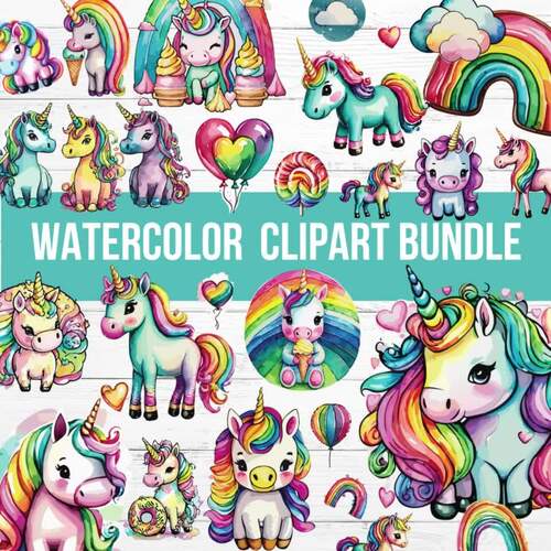 Watercolor Unicorn and Rainbows Clipart Bundle PNGs, High Resolution ...