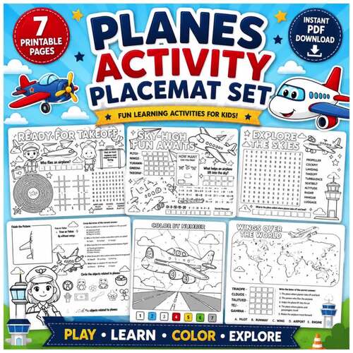 Planes Activity Placemat Set | Airplane Printable Worksheets for Kids