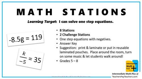MATH STATIONS One Step Equations by Intermediate Math PLUS | TPT