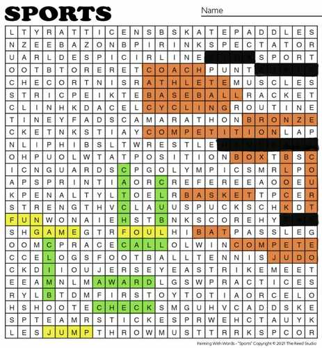 SPORTS Reading and Writing Vocabulary Word Search Mystery Picture to Color