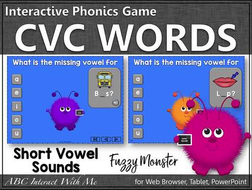 Short Vowels Interactive Phonics Game CVC Words Missing Vowels {Fuzzy ...