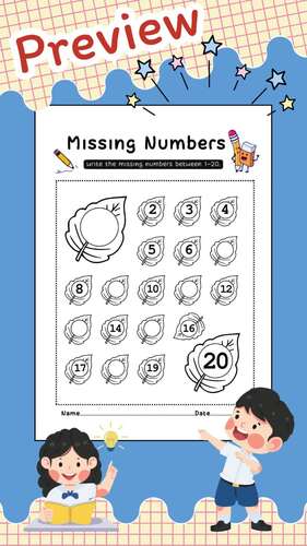 Missing numbers to 1-20 worksheets for preschool/kindergarten,homeschool