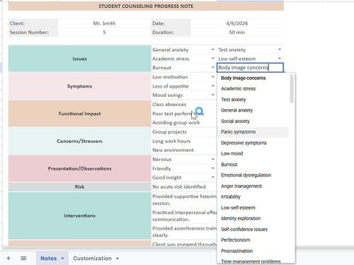 Student Counseling Progress Note Generator Spreadsheet College Client ...