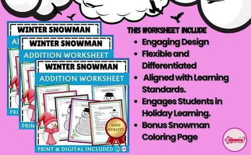 Christmas Winter Snowman Addition Math Worksheet 1st, 2nd, 3rd, Grade