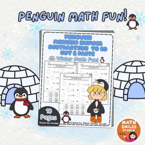 Penguin Missing Number Subtraction to 20 Cut & Paste | Winter Math ...