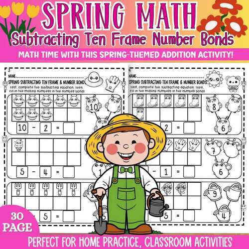 Spring Math Subtraction Worksheets with Ten Frames and Number Bonds ...