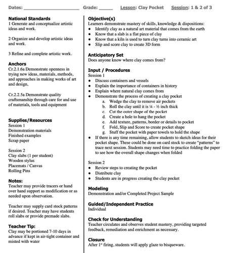 Clay Pocket Art Project. Ceramic Slab Editable Art Lesson Plan. | TPT