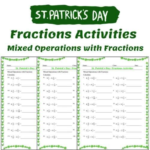 Mixed Operations with Fractions - Fun St. Patrick's Day Worksheets No Prep