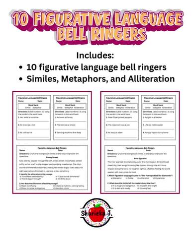 Figurative Language Bell Ringers- Simile, Metaphor, Alliteration by ...