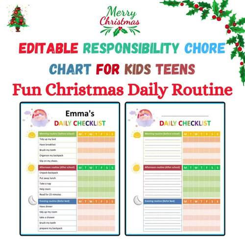 Editable Responsibility Chore Chart for Kids Teens, Daily Weekly Reward