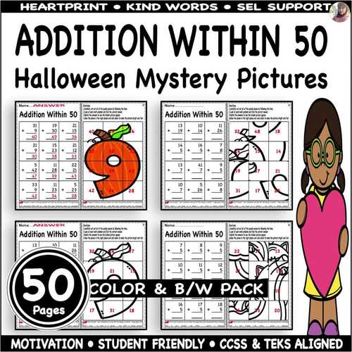 Halloween - Addition within 50 With Regrouping Mystery Pictures | Cut ...