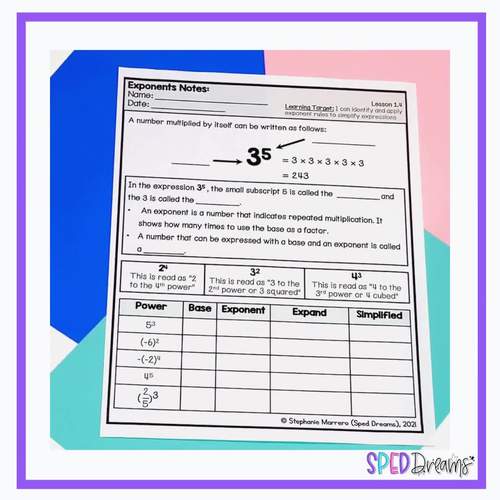 Exponent Rules Zero Negative Product Quotient Rule Power Rule Guided Notes