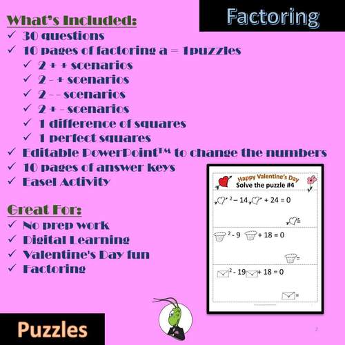 Valentine's Day Factoring Trinomials for Number Sense Logic Puzzles in ...