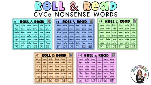 Nonsense CVCe Words Phonics Worksheets | Roll and Read Games | Editable