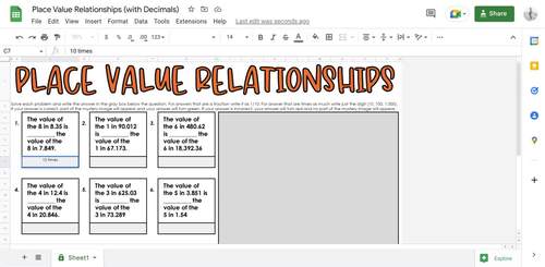 10 to 1 Place Value Relationships Digital Mystery Puzzle Pixel | 5.NBT.1