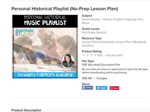 Personal Historical Playlist (No-Prep Lesson Plan) by Social Studies Studio