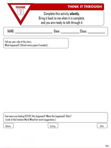 Think, Pause, Stop Behavior Reflection Sheets - Restorative Classroom ...