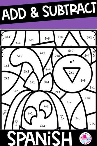 SPANISH HALLOWEEN COLOR BY NUMBER CODE ADDITION & SUBTRACTION MATH FACTS