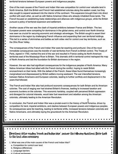 French and Indian War Reading Comprehension Worksheet with Writing