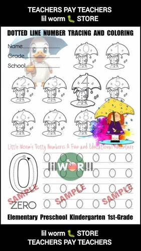 Umbrella 0-9 DOTTED LINE NUMBER TRACING AND COLORING by lilworm | TPT