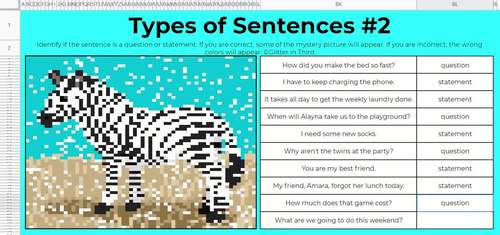 Four Types of Sentences Pixel Art | Digital Grammar Pictures Google Sheets