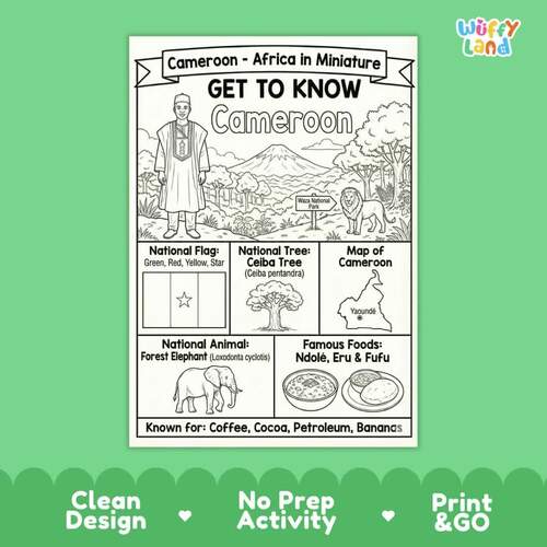 Cameroon Country Study Geography Coloring Page Worksheet Activity | Africa