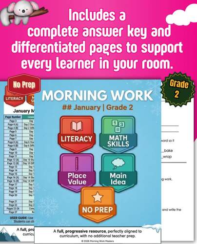 2nd Grade January Morning Work Worksheets | Daily Math & ELA Review No Prep